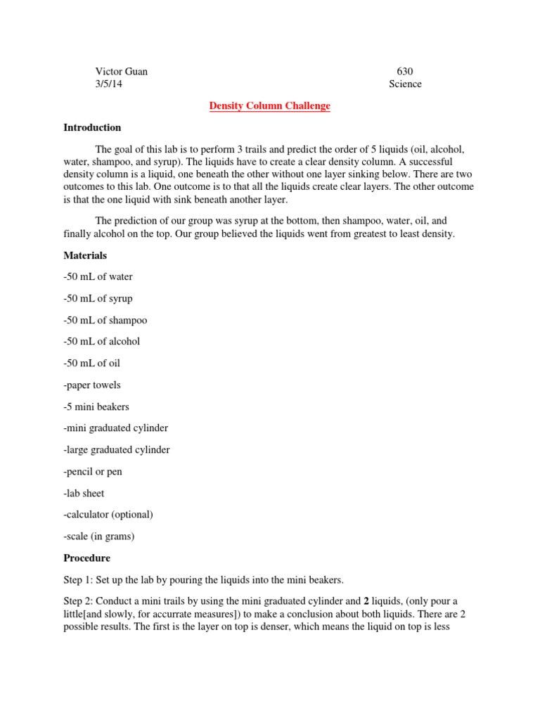 Density Column Lab Report | PDF | Density | Atmosphere Of Earth