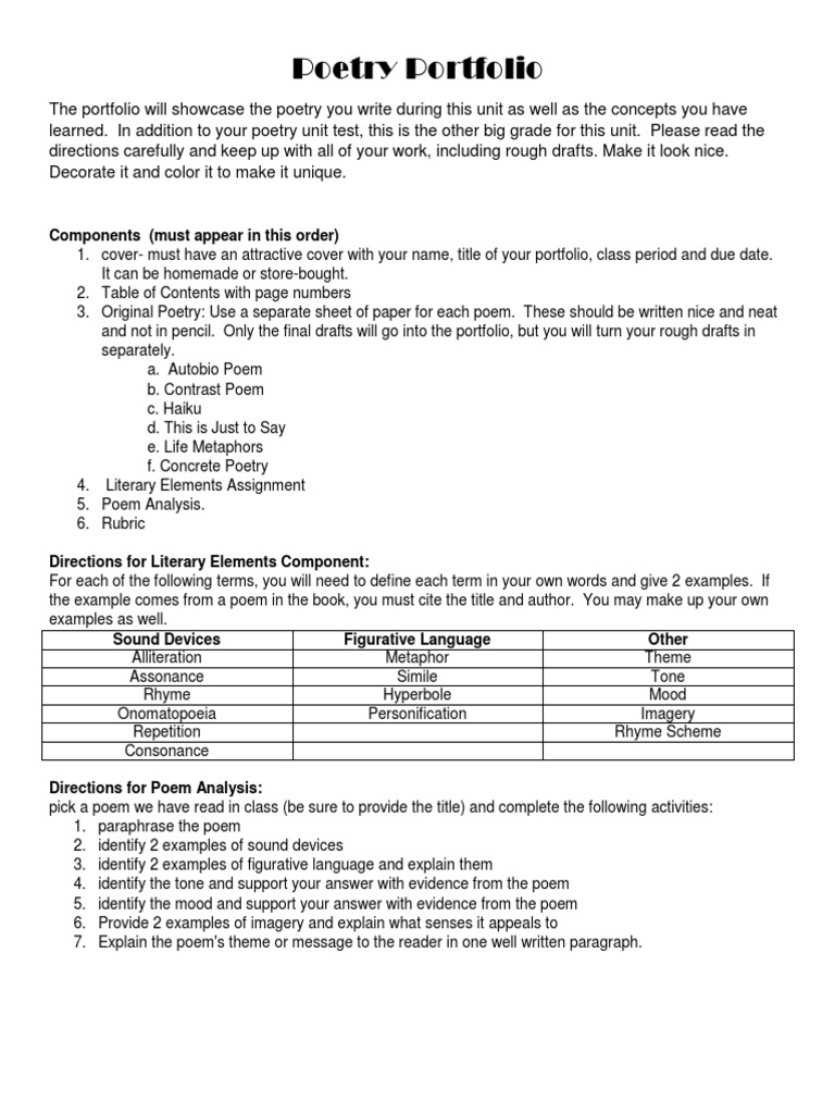 Poetry Portfolio: Components (Must Appear in This Order) | PDF ...