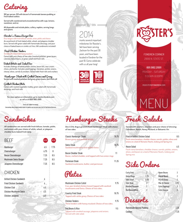 Rooster's Menu | PDF | Hamburgers | Steak