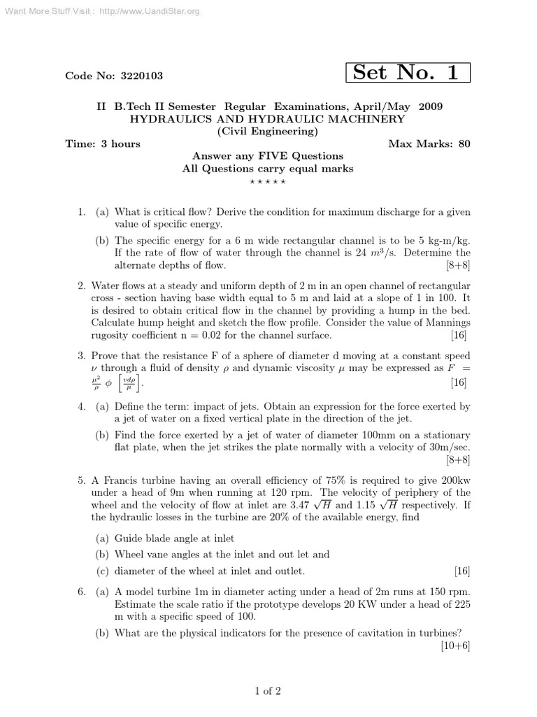 Hydraulics and Hydraulic Machinery 2009 JNTUK QUESTION PAPER | Turbine ...