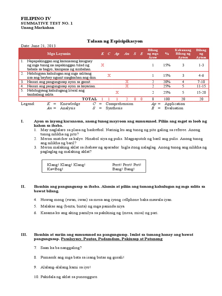 Filipino Summative Test 1st Grading | PDF