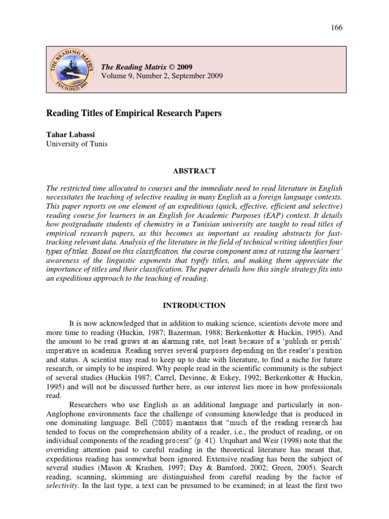 Reading Titles of Empirical Research Papers | PDF | Reading (Process ...