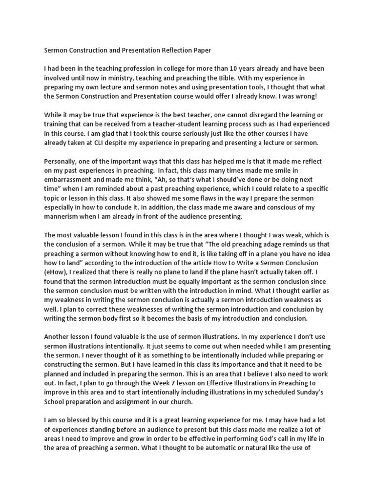 Sermon Construction and Presentation Reflection Paper | PDF | Sermon ...