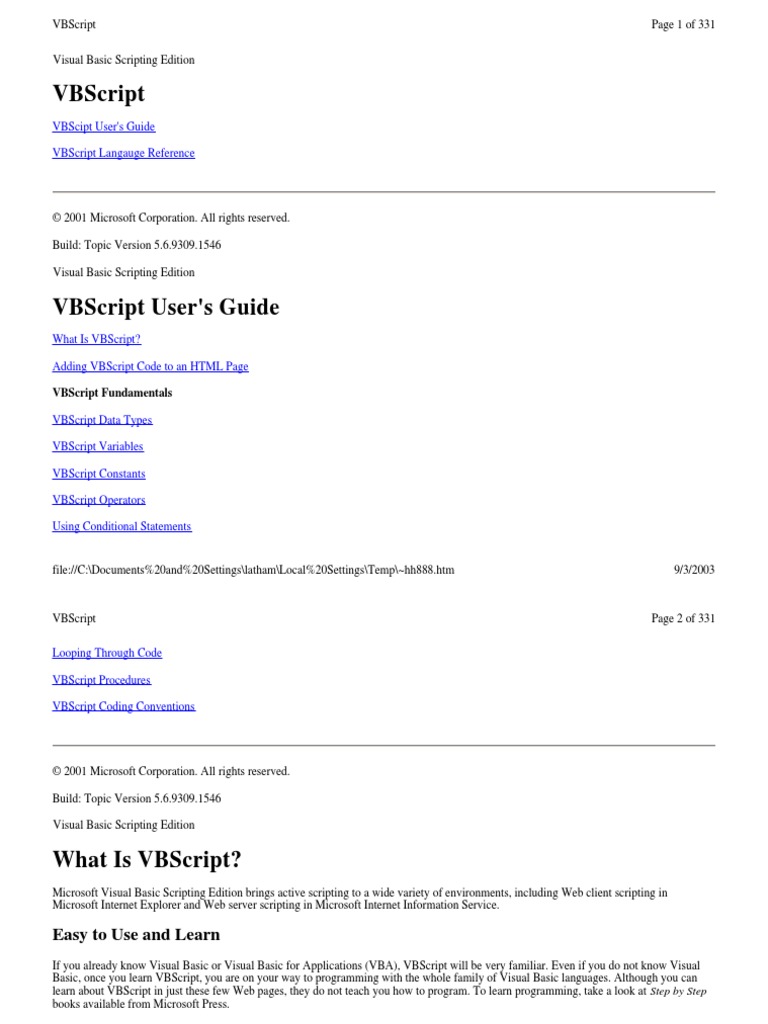 Vbscript: Vbscipt User'S Guide Vbscript Langauge Reference | Download ...