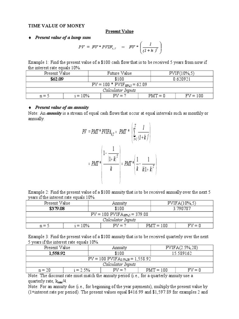 ) K + (1 1 PMT Pvifa PMT PV: Present Value of A Lump Sum | PDF ...