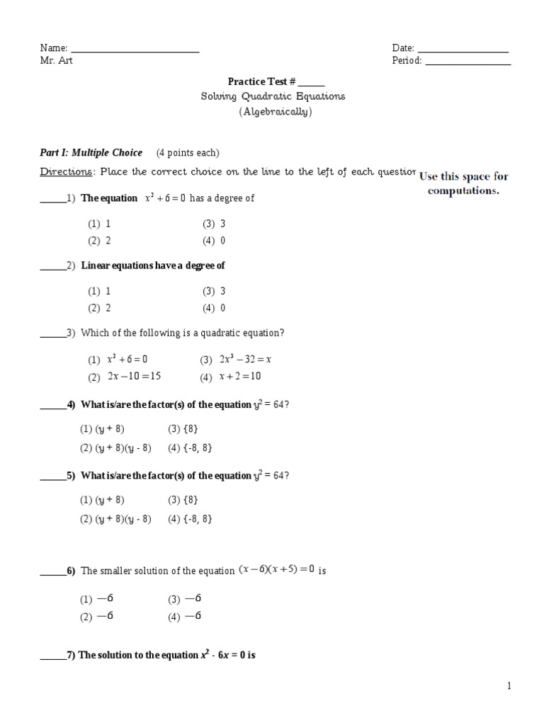 Quadratic Equations - Practice Test | Equations | Abstract Algebra