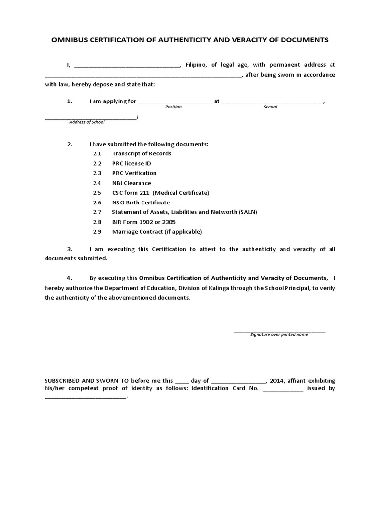 Omnibus Certification - Public School Teachers | Identity Document ...