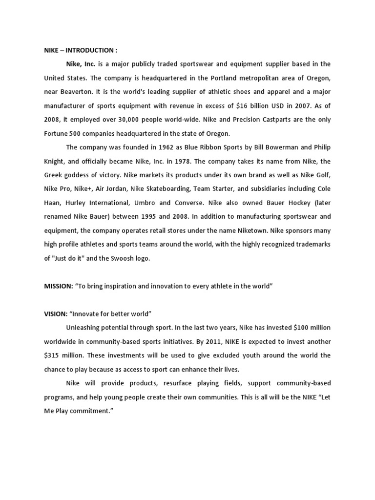 Nike - Introduction: Nike, Inc. Is A Major Publicly Traded Sportswear ...