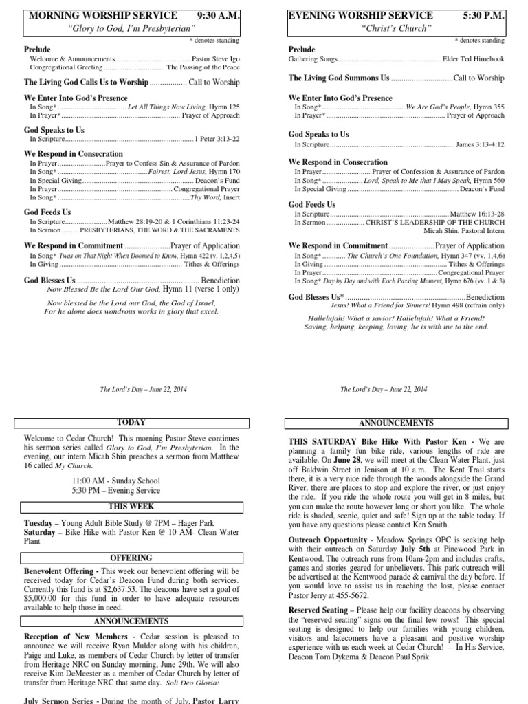Morning Worship Service 9:30 A.M. Evening Worship Service 5:30 P.M ...