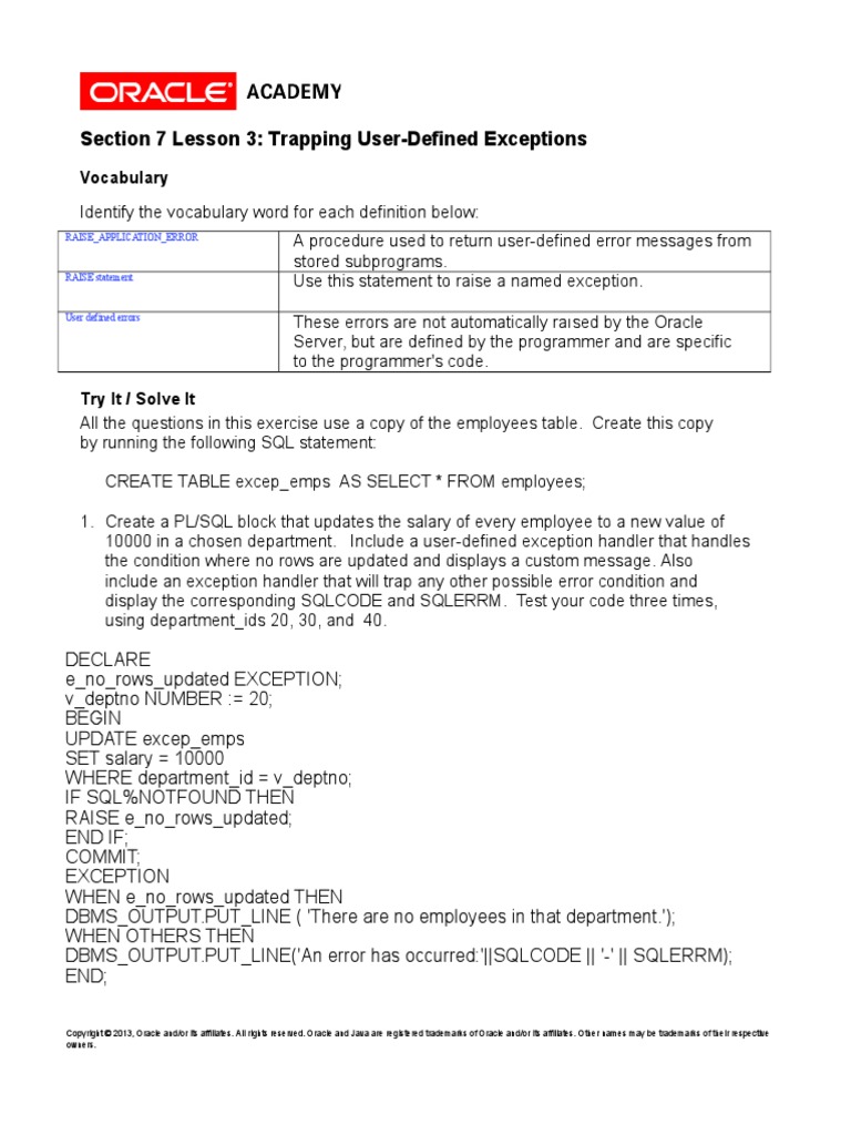 Section 7 Lesson 3: Trapping User-Defined Exceptions: Vocabulary | PDF ...