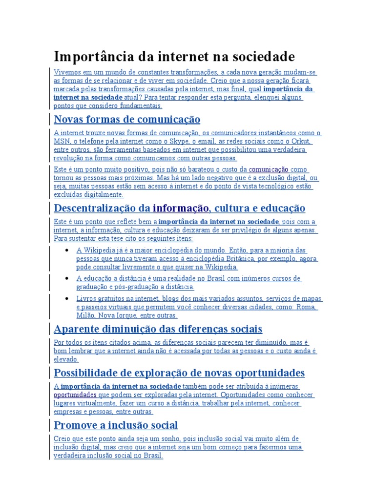 Importância Da Internet Na Sociedade | PDF | Internet | Exclusão social