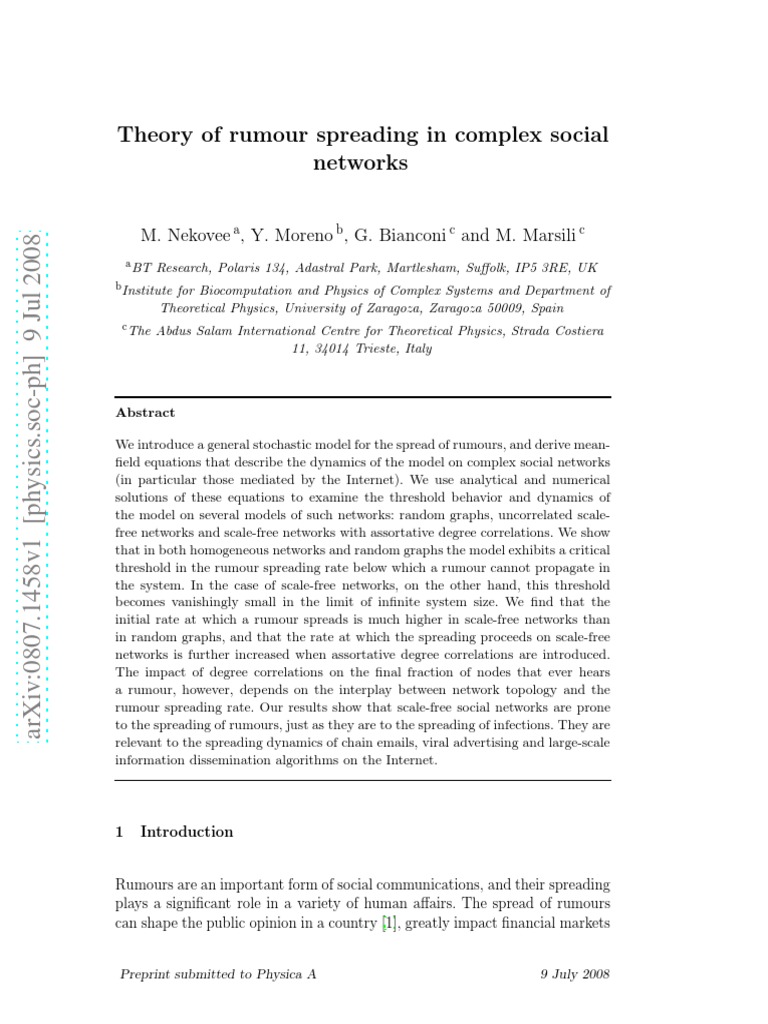 Theory of Rumour Spreading in Complex Social Networks: M. Nekovee, Y ...