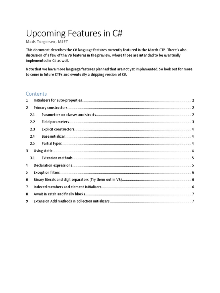 Upcoming Features in CSharp | PDF | Constructor (Object Oriented ...