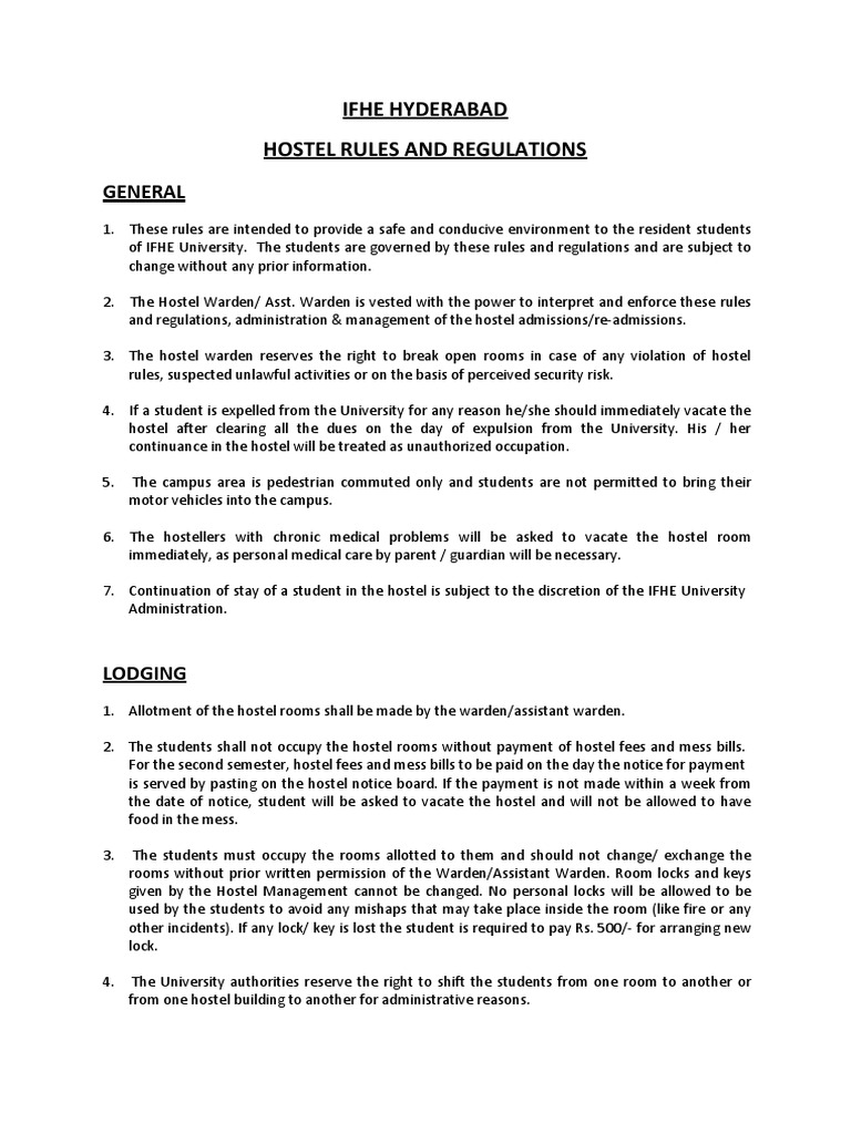4 IFHE Hostel Rules and Regulations 2014 | Hostel | Identity Document