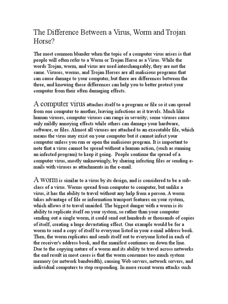 The Difference Between A Virus, Worm and Trojan Horse? | PDF | Computer ...