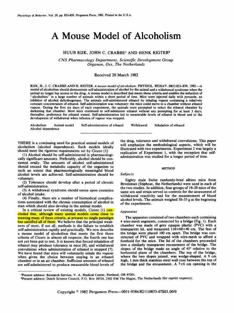A Mouse Model of Alcoholism | PDF | Wellness | Medical