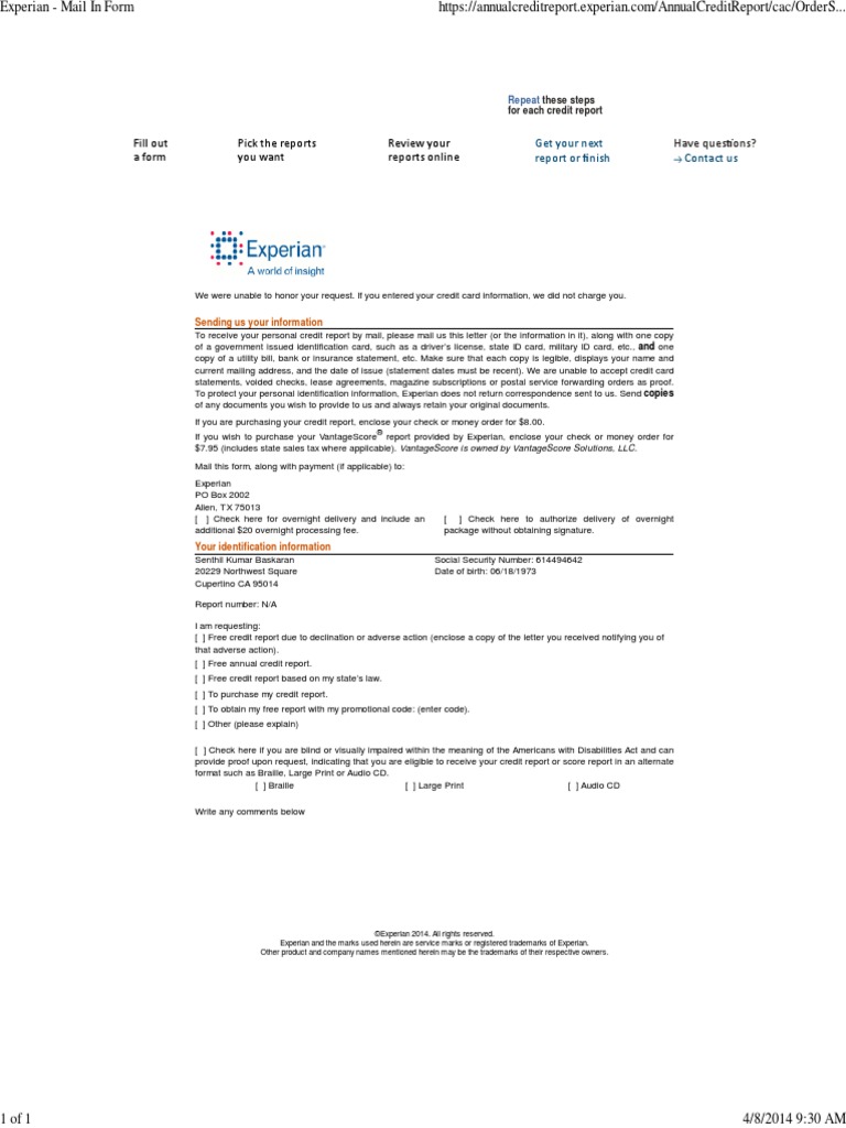 Experian - Mail in Form Request | Mail | Identity Document