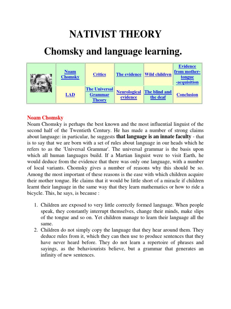Nativist Theory Chomsky and Language Learning | PDF