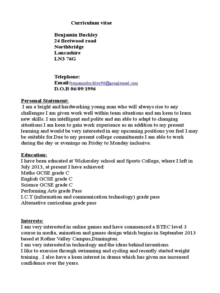 Benjamin Buckley CV: Skills & Education | PDF
