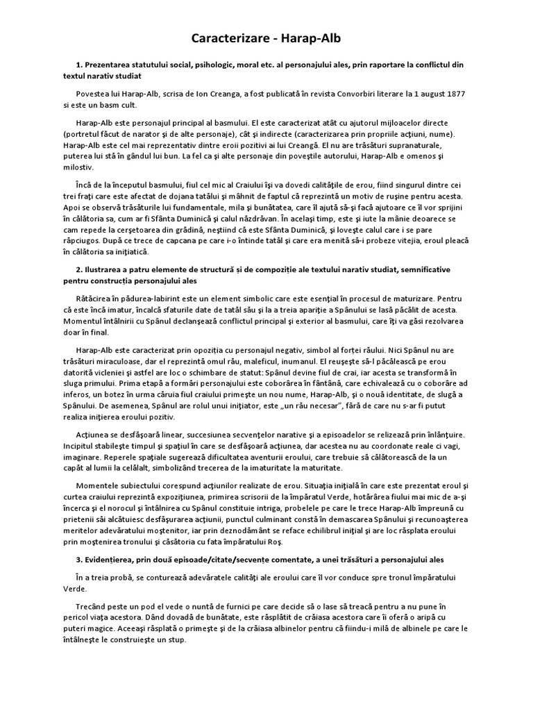 Caracterizare Harap Alb | PDF