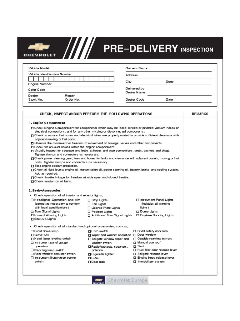 PDI Inspection Sheet en | PDF | Manual Transmission | Electrical Connector