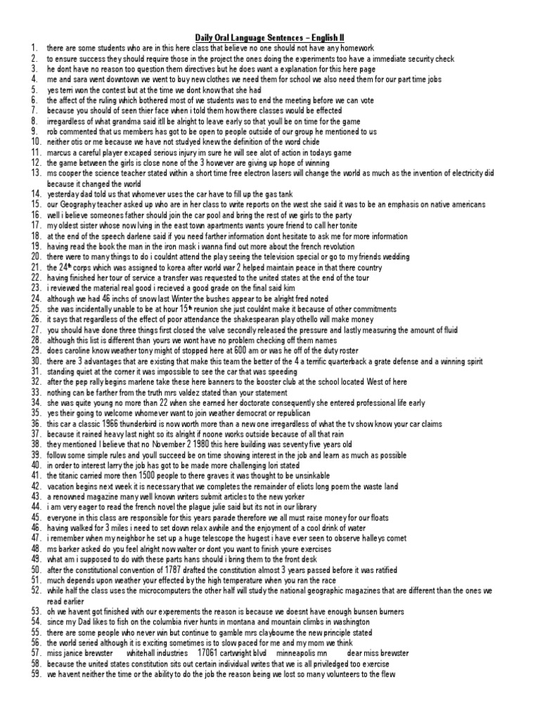 Daily Oral Language Sentences-English II | PDF