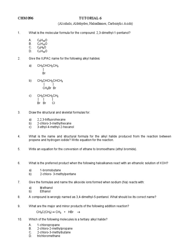 Tutorial 6 (Alcohols, Aldehydes, Haloalkanes, Carboxylic Acids) | PDF ...