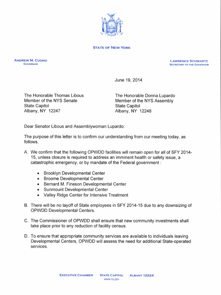 Letter to Assemblywoman Lupardo regarding OPWDD transition | United ...