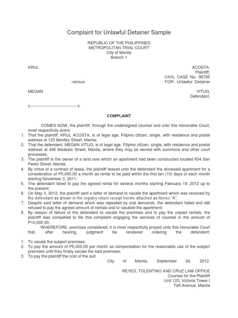 Complaint For Unlawful Detainer Sample | PDF
