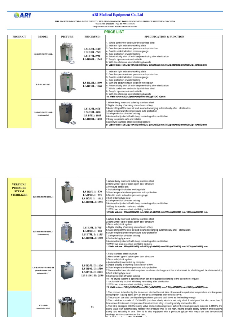 Price List-Sterilizer (Autoclave) | PDF | Sterilization (Microbiology ...