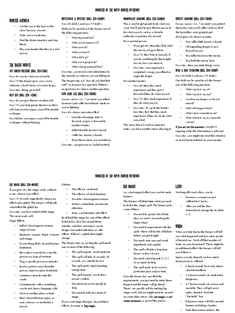 Hunter Reference Sheet | PDF