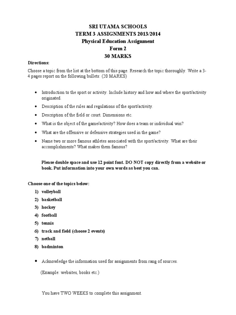 SRI Utama Schools PE Assignment Guide | PDF