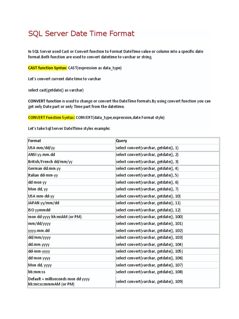 SQL Server Date Time Format | PDF SQL Server Date Time Format | PDF