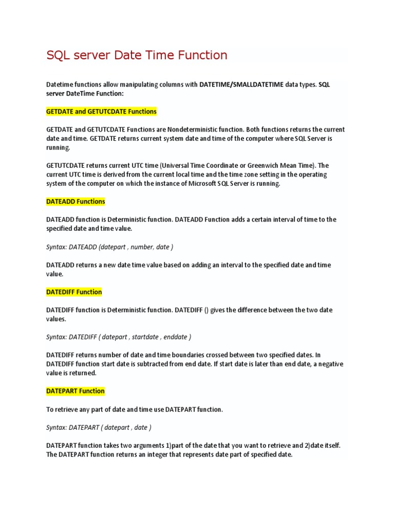 SQL Server Date Time Function | PDF | Function (Mathematics) | Parameter (Computer Programming)