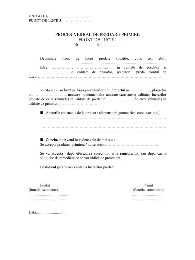 PV Predare Primire Front de Lucru | PDF