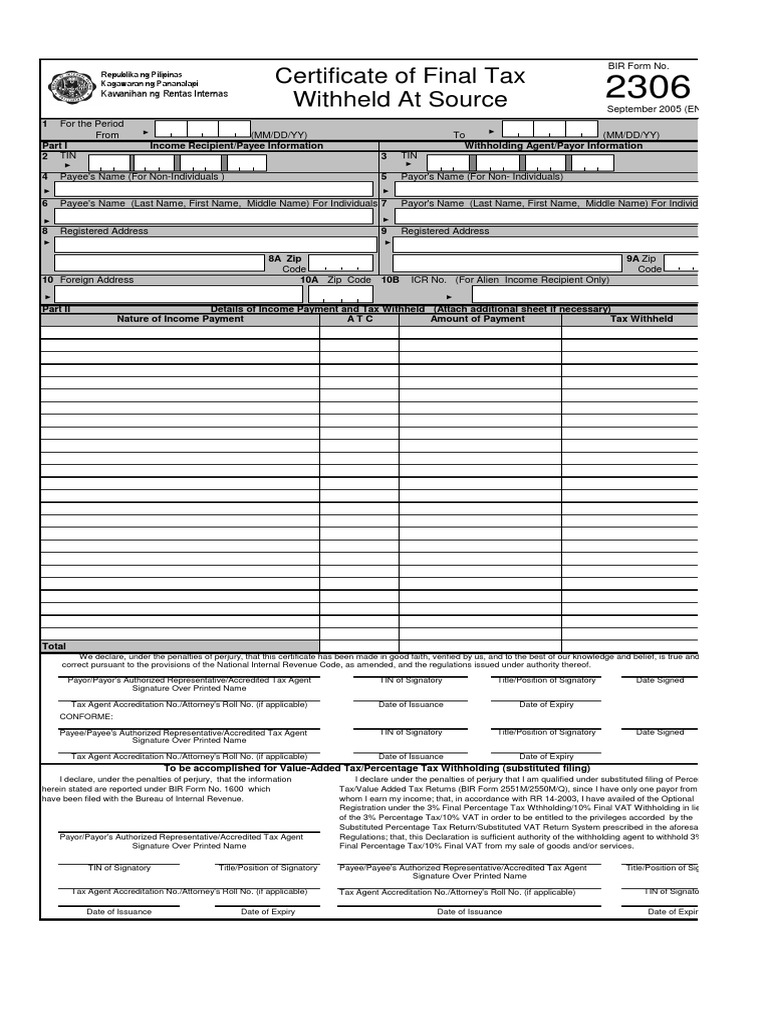 Bir 2306 | PDF | Withholding Tax | Value Added Tax