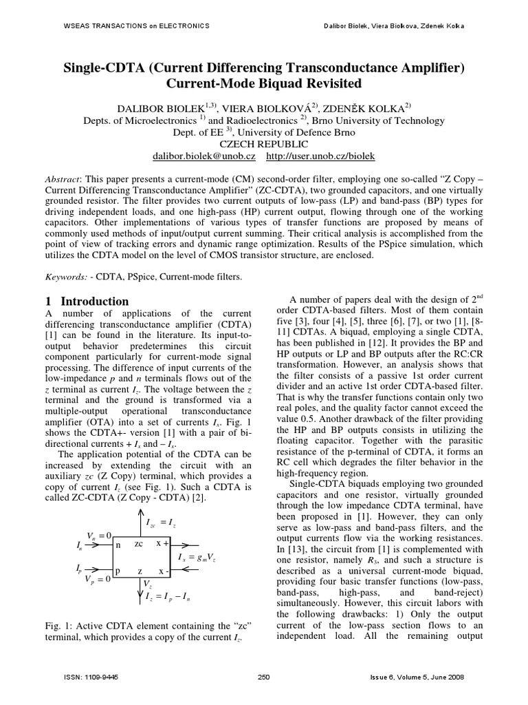 Single-CDTA (Current Differencing Transconductance Amplifier) Current-Mode Biquad Revisited ...