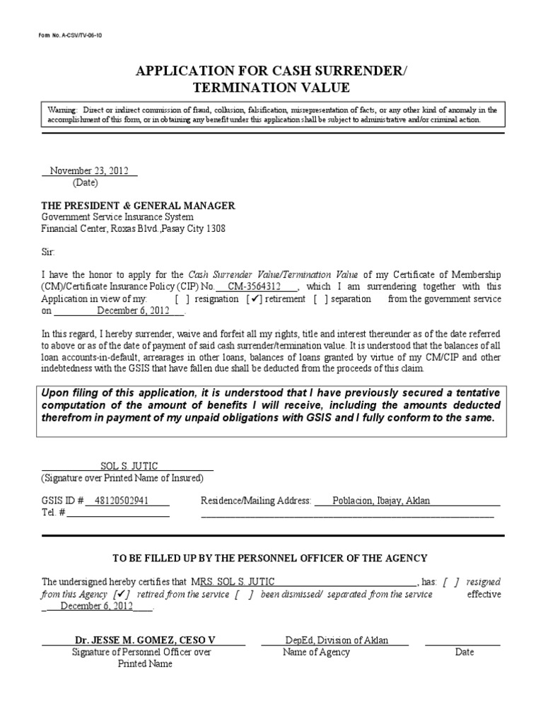 Application For Cash Surrender/ Termination Value: The President ...
