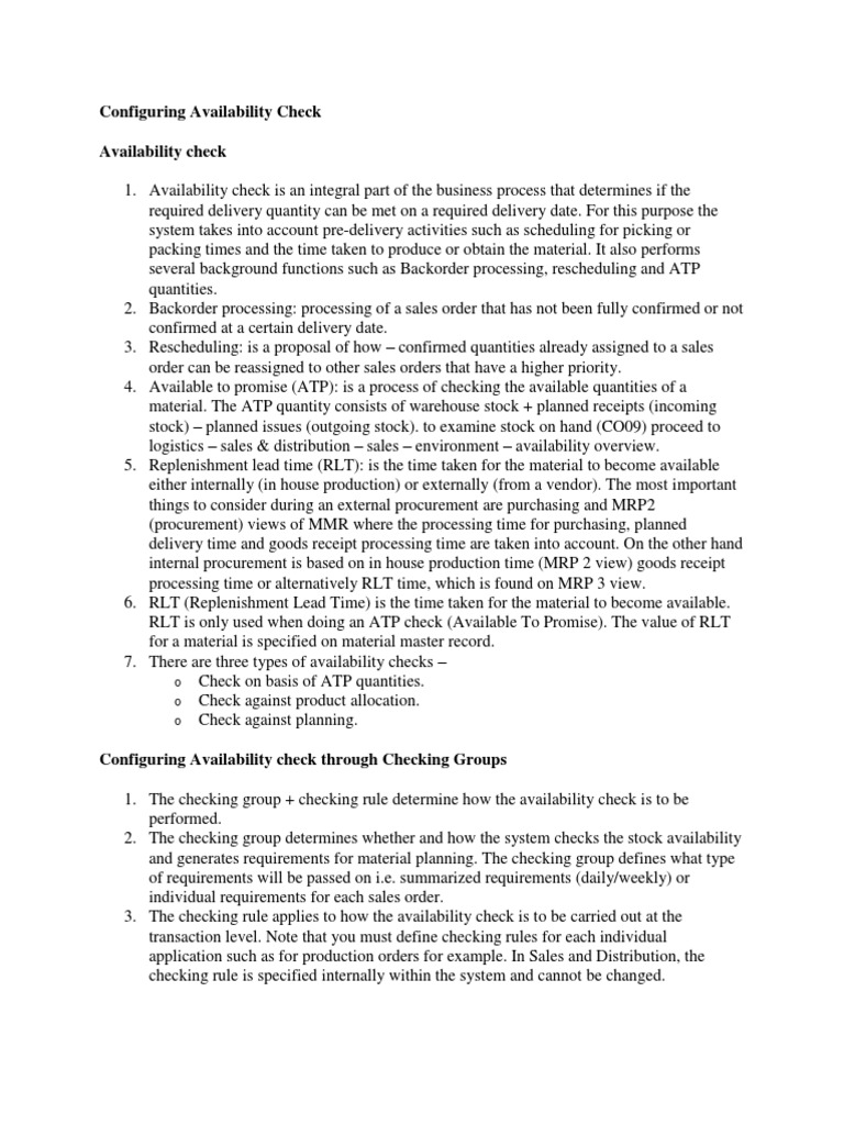 Availablity Check Configuration | PDF | Warehouse | Procurement