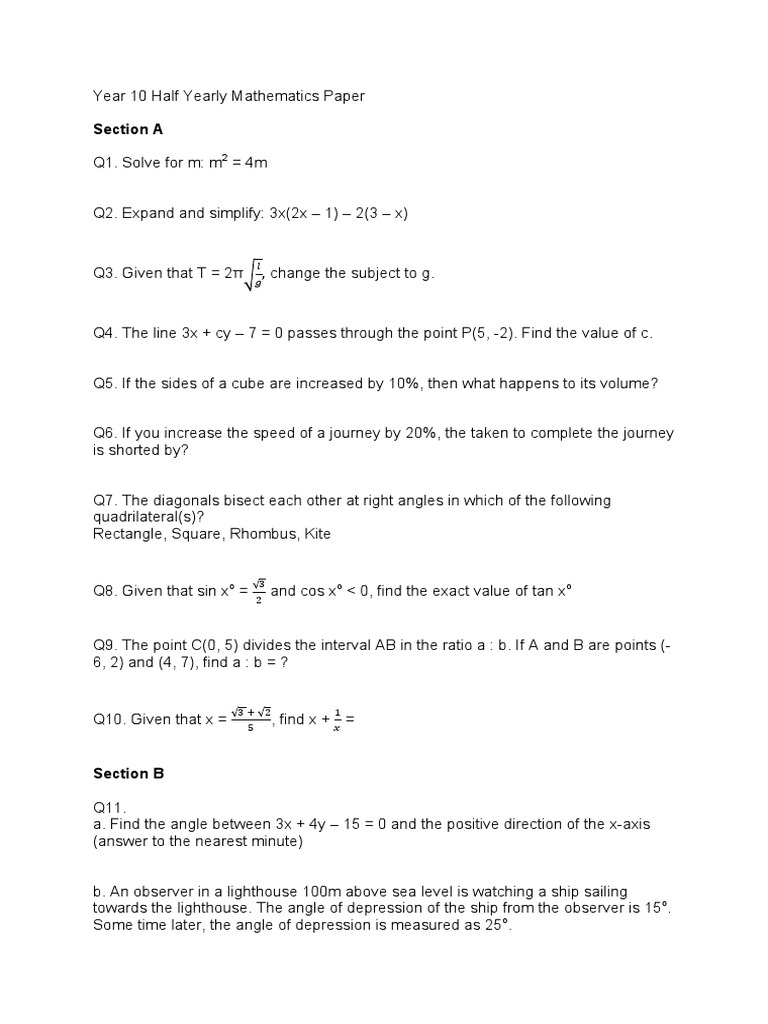 Year 10 Half Yearly Maths Paper | PDF | Circle | Force