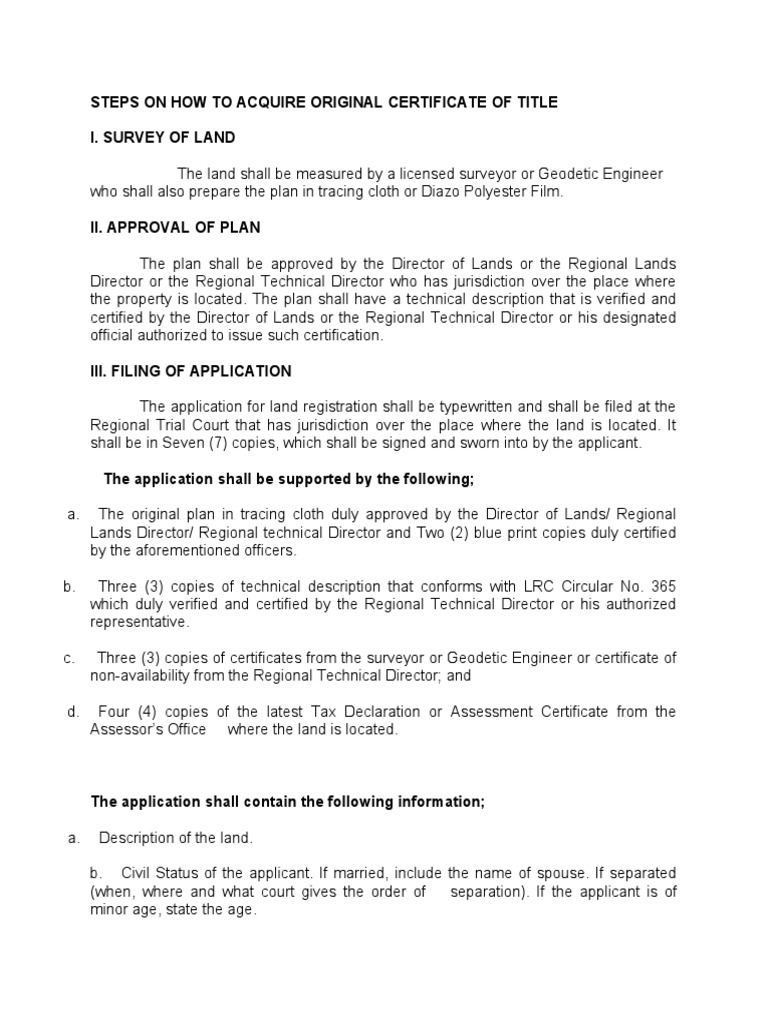 Steps On How To Acquire Original Certificate of Title | PDF | Surveying ...