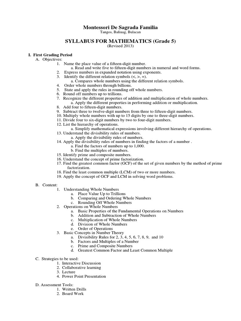 Grade 5 Mathematics Syllabus | PDF | Fraction (Mathematics) | Area