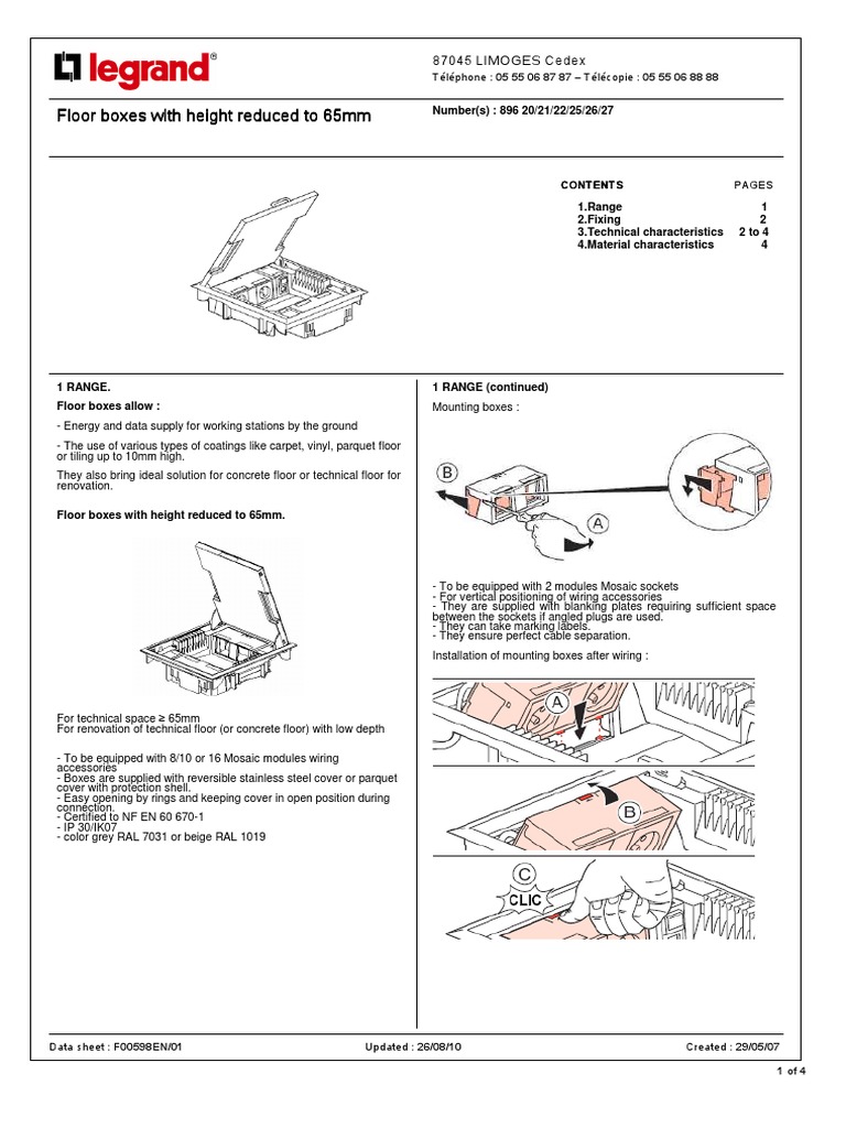 Legrand Floor Box Reduced Height Data Sheet 01 | PDF | Ac Power Plugs ...