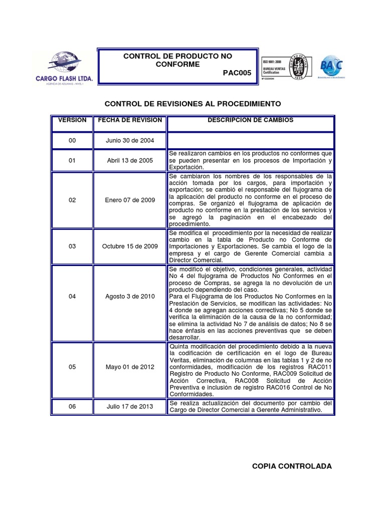 PAC005 Control de Producto No Conforme | PDF | Exportaciones | Calidad ...