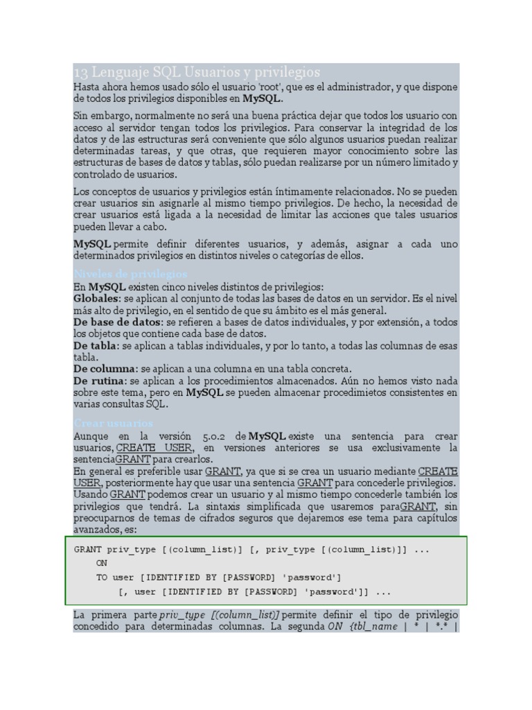 13 Lenguaje SQL Usuarios y Privilegios | Descargar gratis PDF | SQL | Servidor SQL de Microsoft