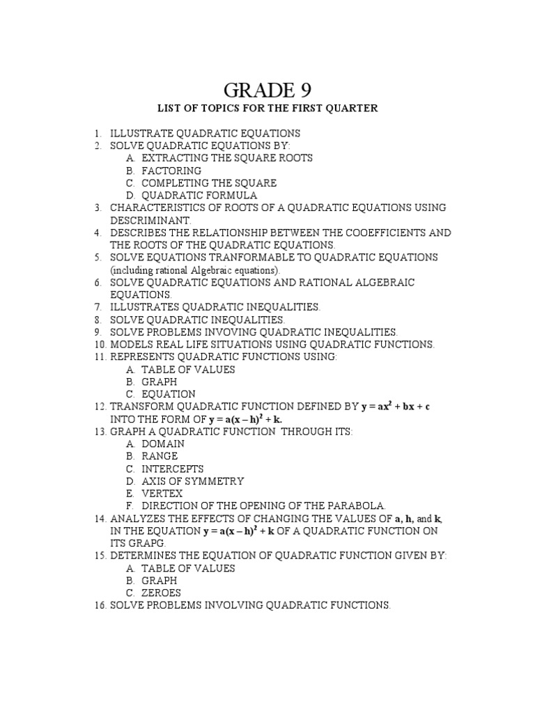 Grade 9: List of Topics For The First Quarter | PDF