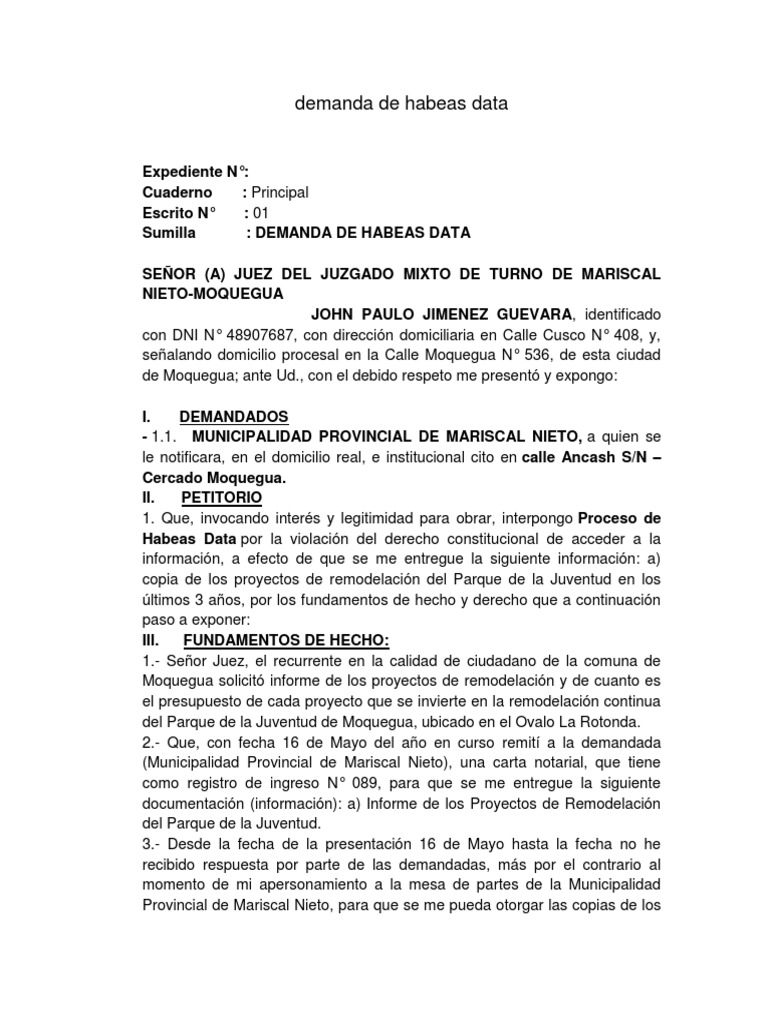 Demanda de Habeas Data | PDF | Instituciones sociales | Ciencias sociales