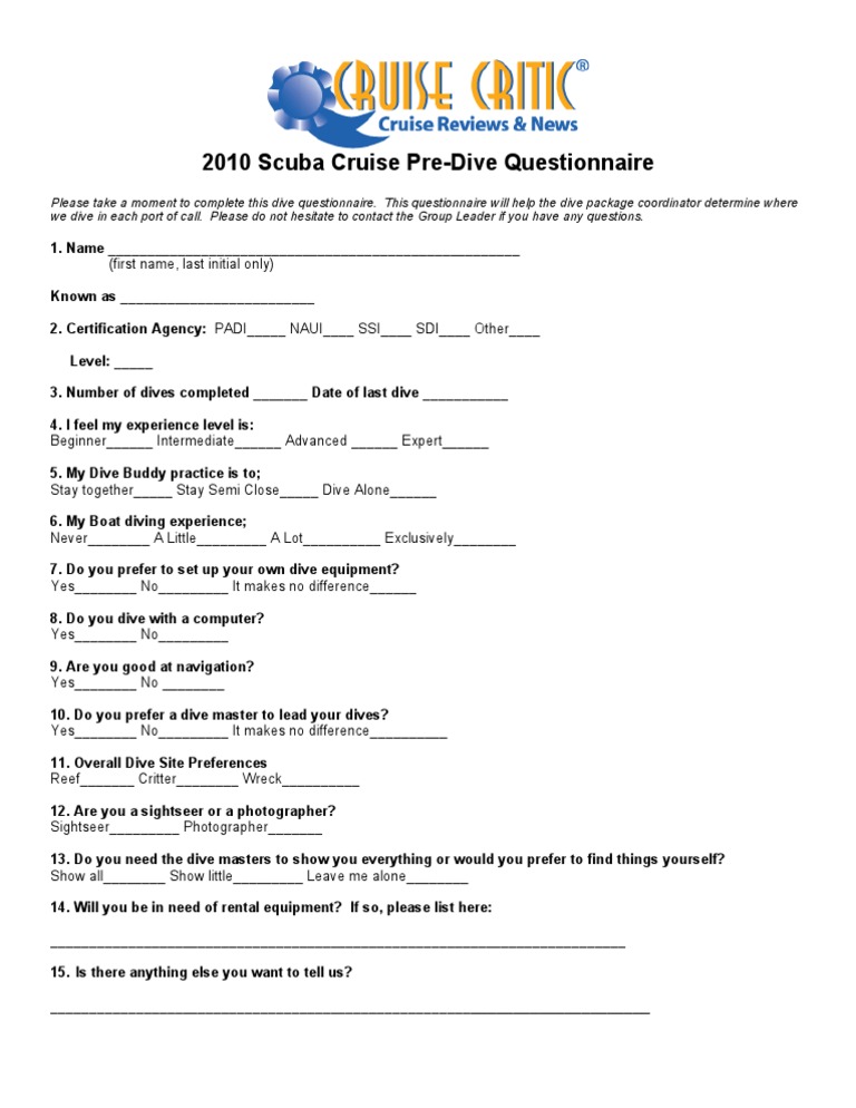 2010 Scuba Cruise PreDive Questionnaire | PDF | Career & Growth