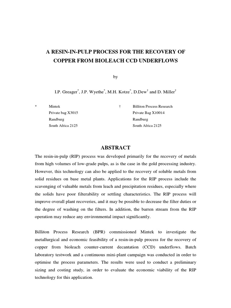 A Resin-In-pulp Process For The Recovery of Copper From Bioleach CCD ...