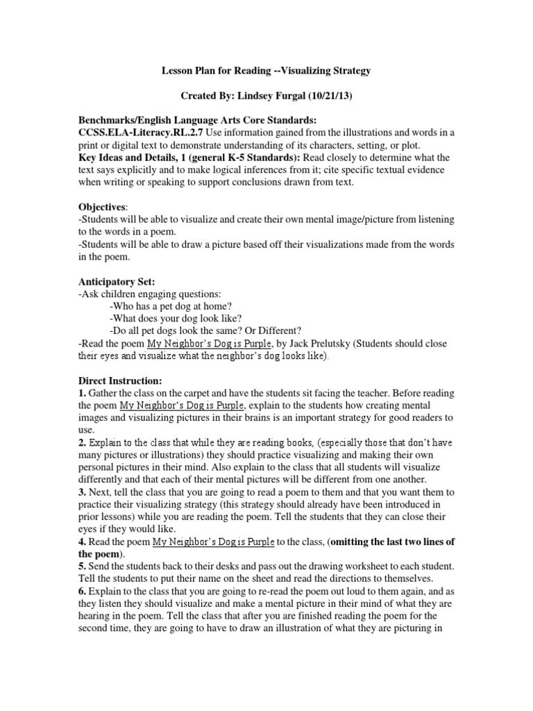 Reading Lesson Plan - Visualizing Strategy | PDF | Mental Image ...